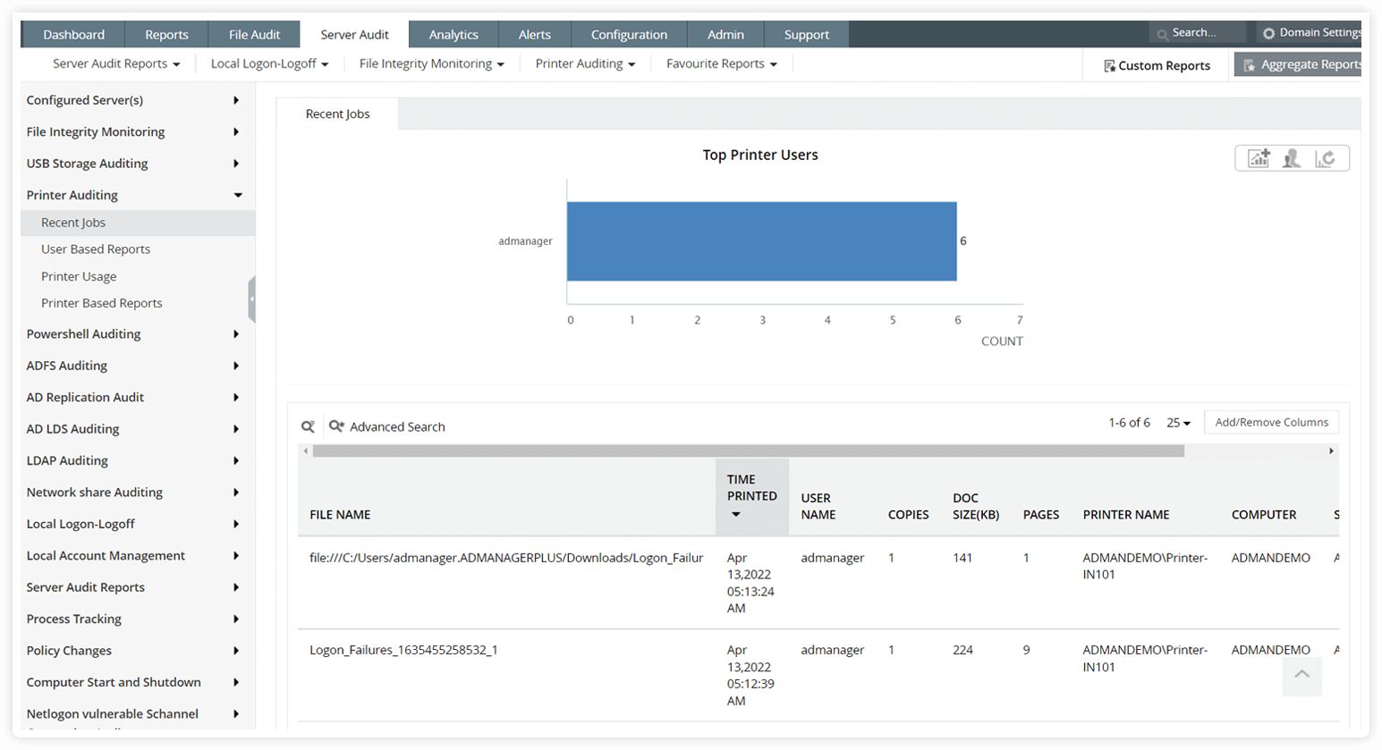 Outil d’audit des imprimantes | ManageEngine ADAudit Plus