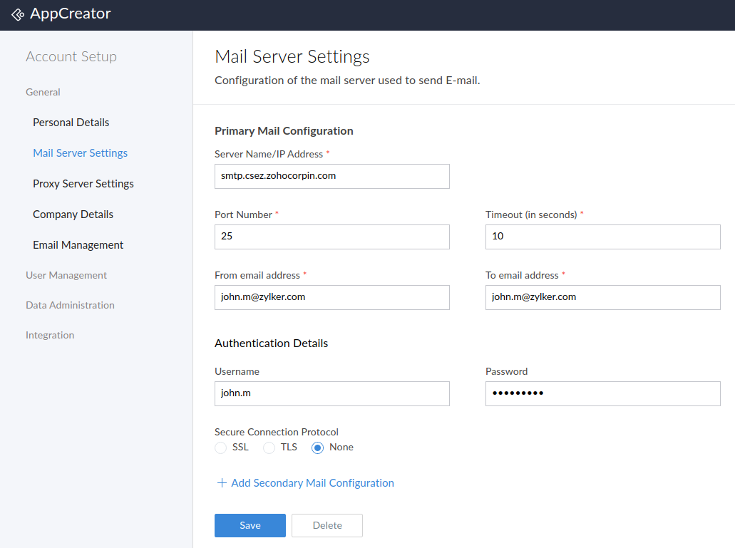 Mail server configuration | ManageEngine AppCreator Help