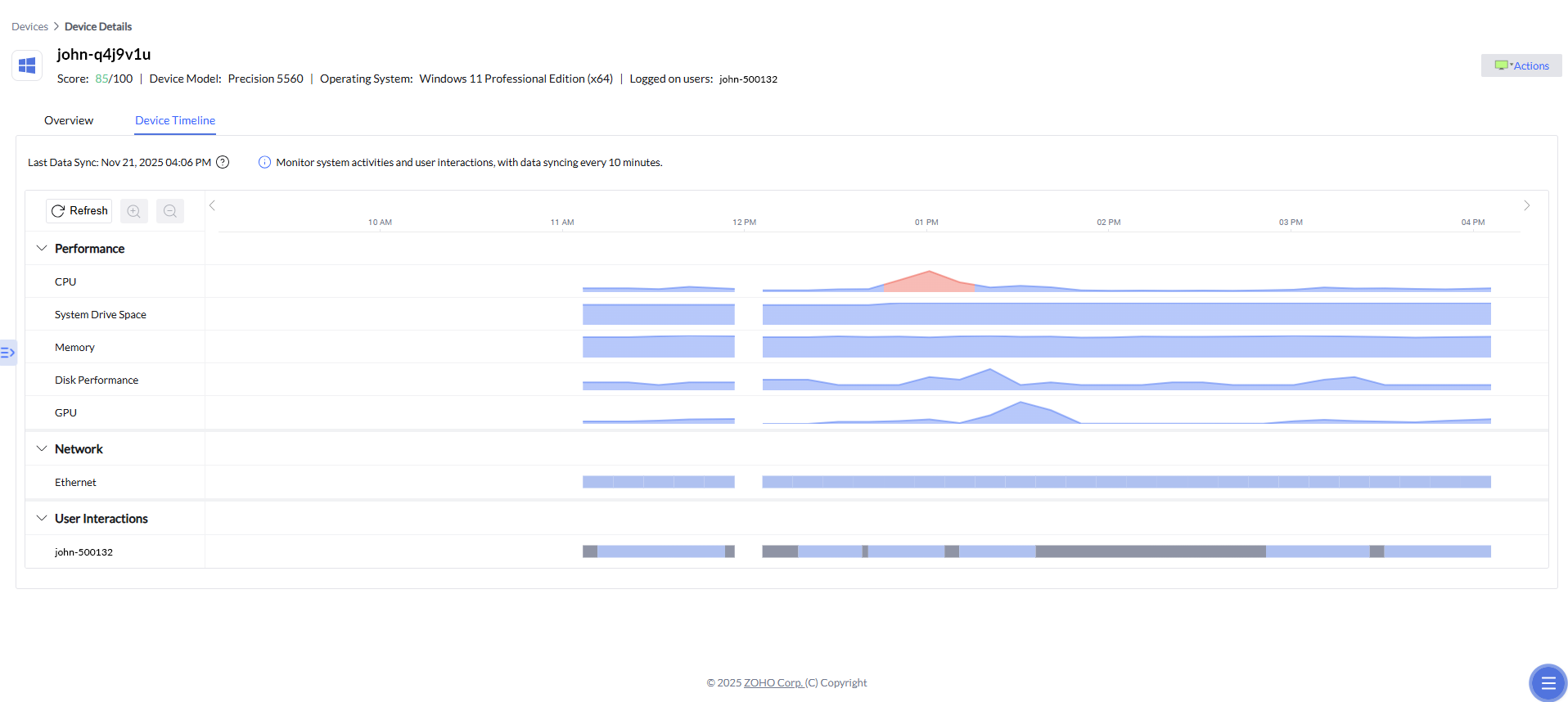 Device Timeline — Visual Endpoint Performance & User Activity View