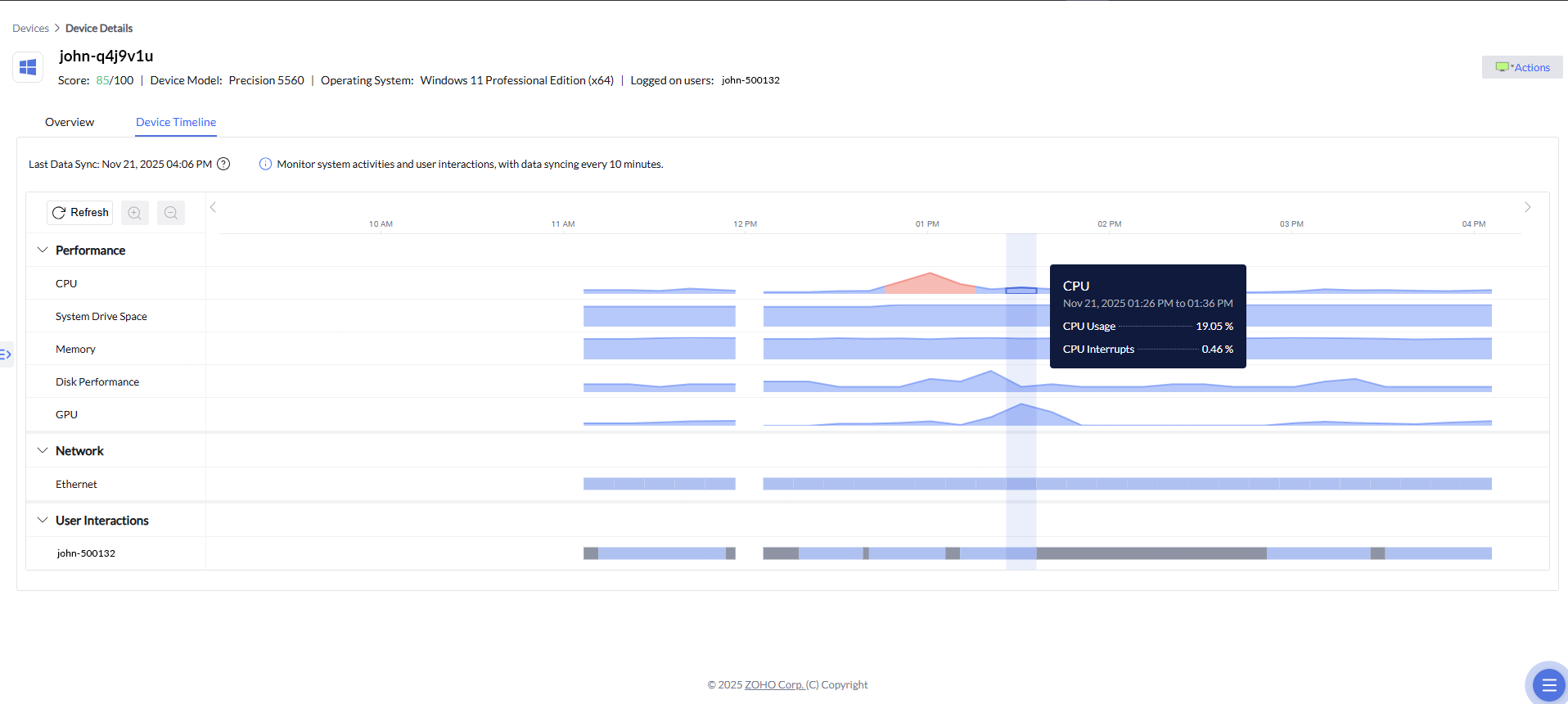 Device Timeline — Visual Endpoint Performance & User Activity View