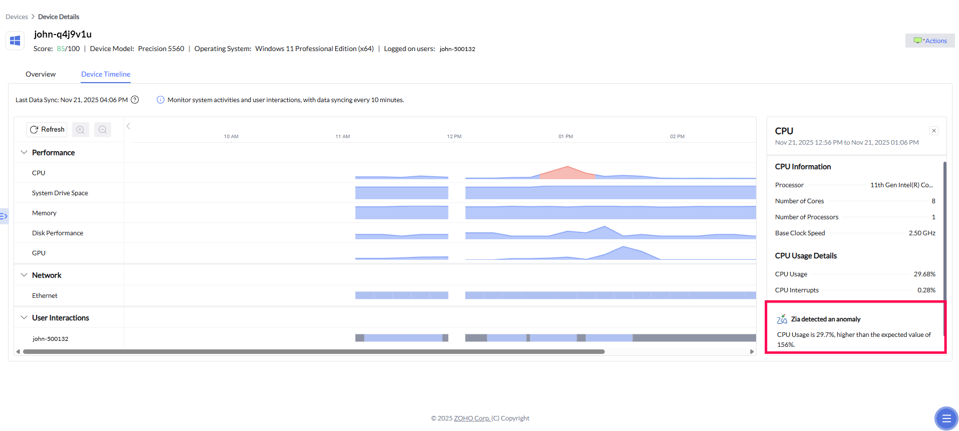 Device Timeline — Visual Endpoint Performance & User Activity View